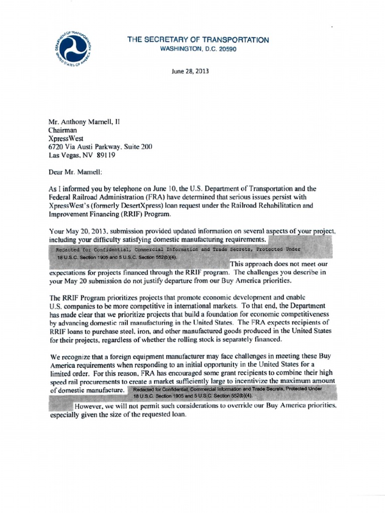 Ray LaHood's Letter To XpressWest | PDF