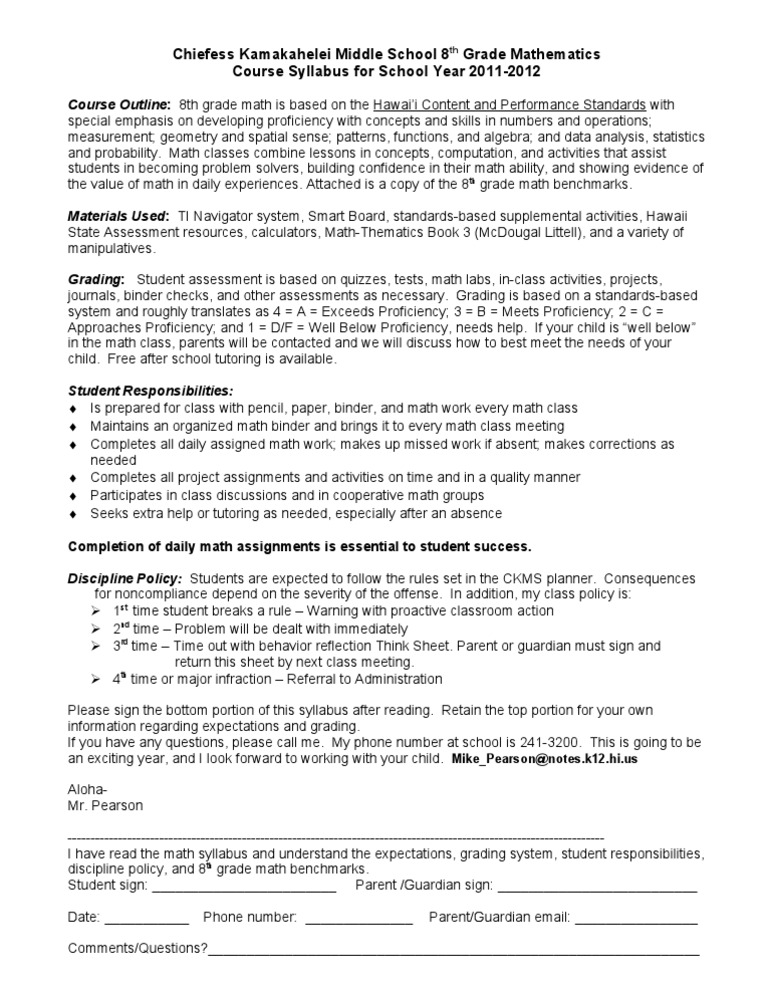 Chiefess Kamakahelei Middle School 8 Grade Mathematics Course Syllabus ...