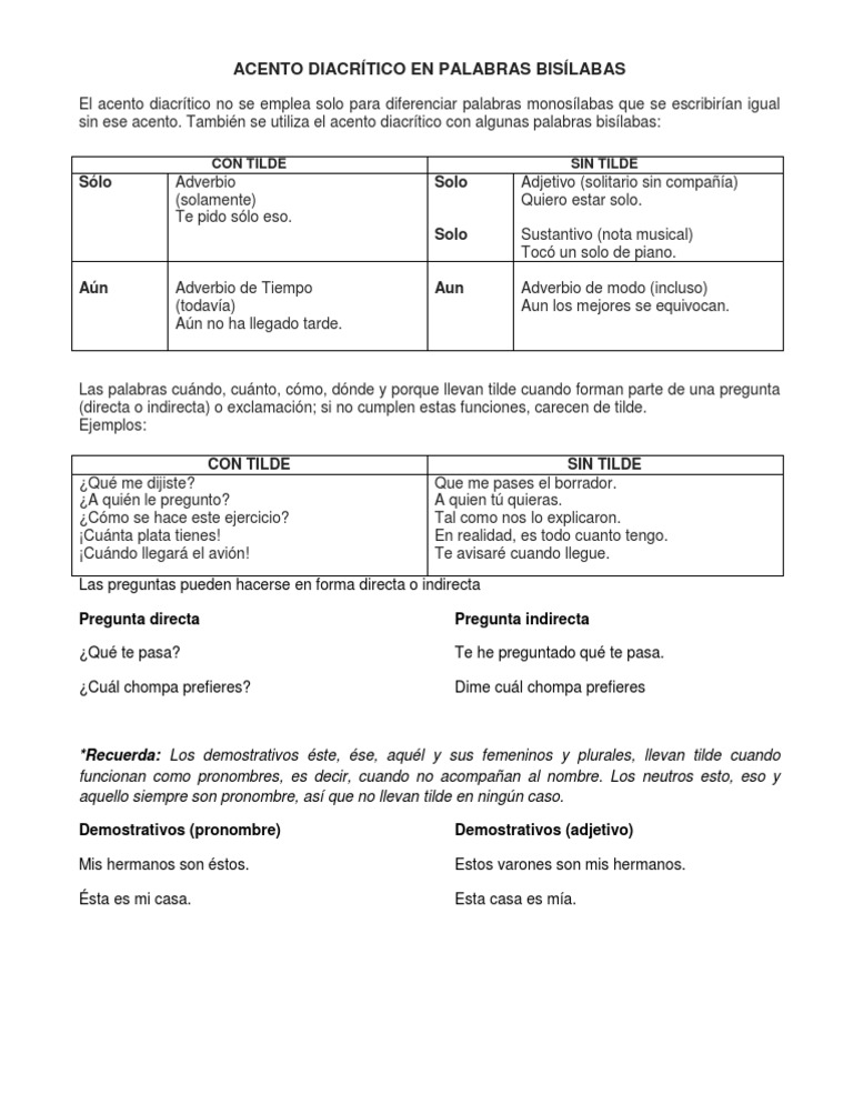 Acento Diacrítico en Palabras Bisílabas | PDF | Estudios de idiomas ...