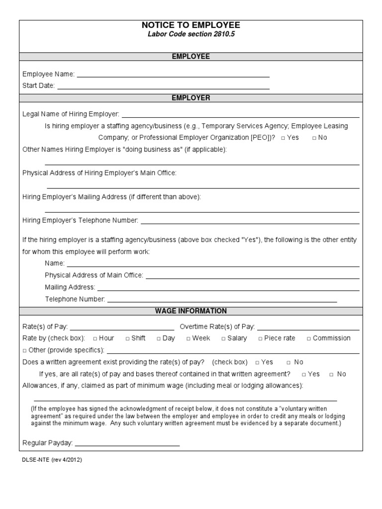 Employee Wage Notice - Labor Code 2810.5 | PDF | Wage | Employment Agency