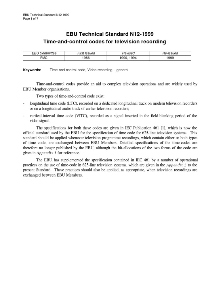 EBU Technical Standard N12-1999 LTC, VITC | PDF | Film And Video ...