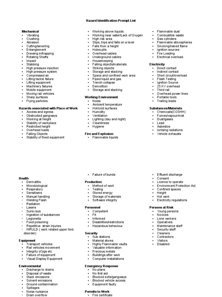 Hazard Identification Prompt List | PDF | Flammability | Vehicles