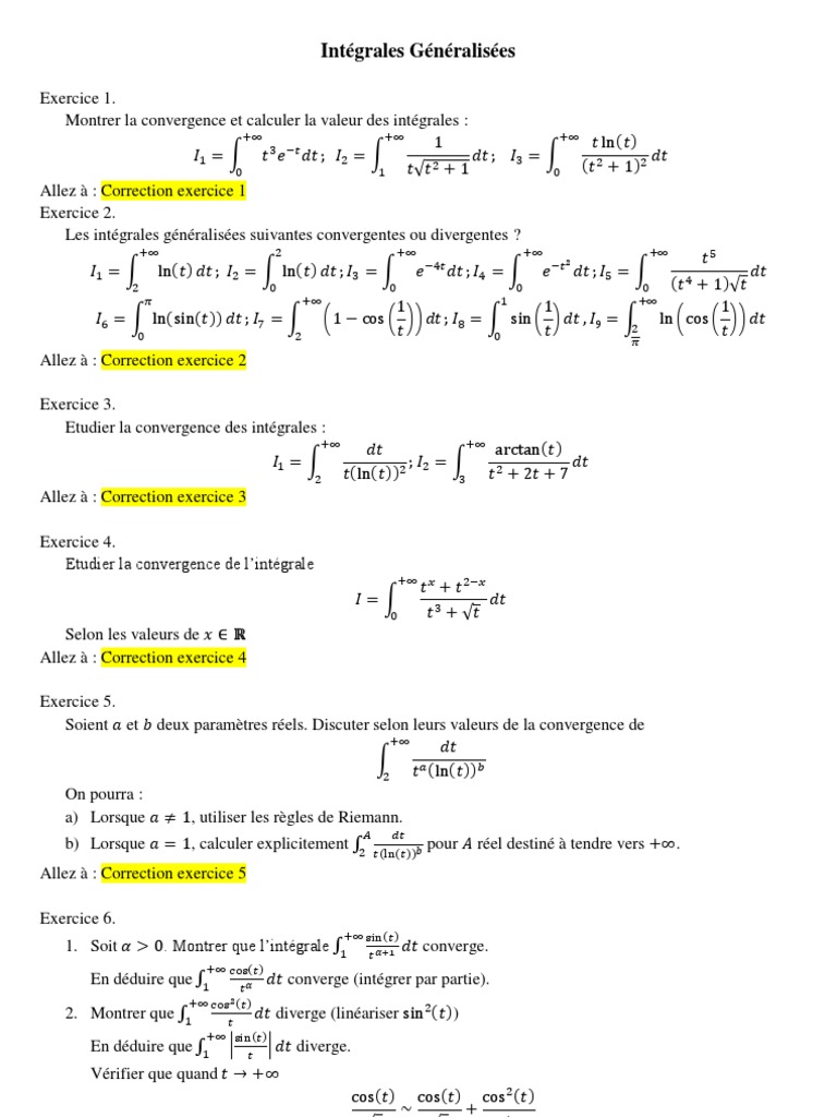 Exercices sur les Intégrales Généralisées | PDF | Intégral | Analyse ...