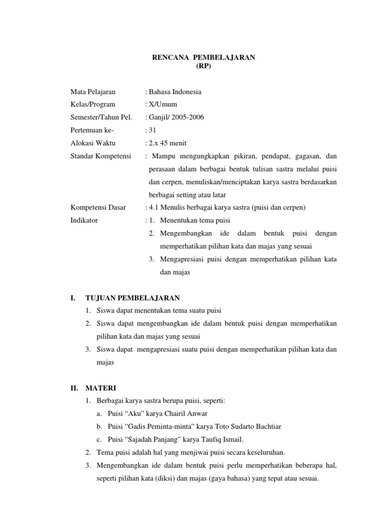 Contoh RP Dan RPP Bahasa Indonesia Sma | PDF