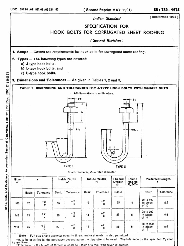 IS - 730 (1978) - J, L, U Bolts Standards | PDF | Screw | Engineering Tolerance