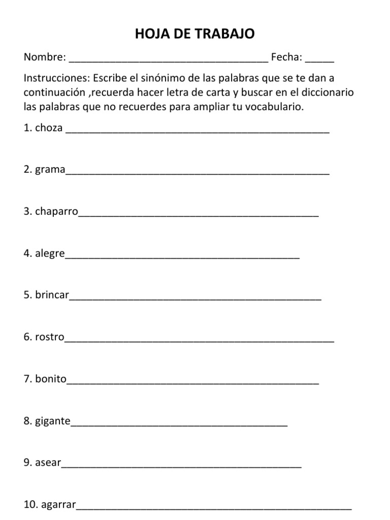 Hojas De Trabajo De Sinónimos Gratuitas