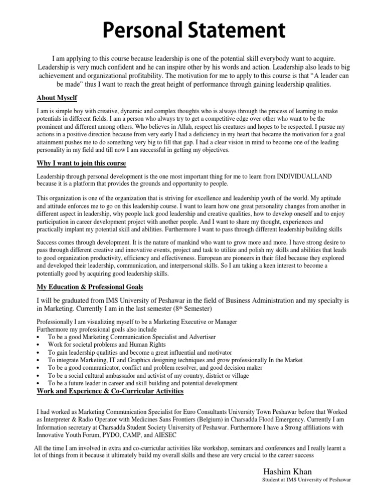 Sample Personal Statement Hashim Khan | PDF | Marketing Communications | Leadership