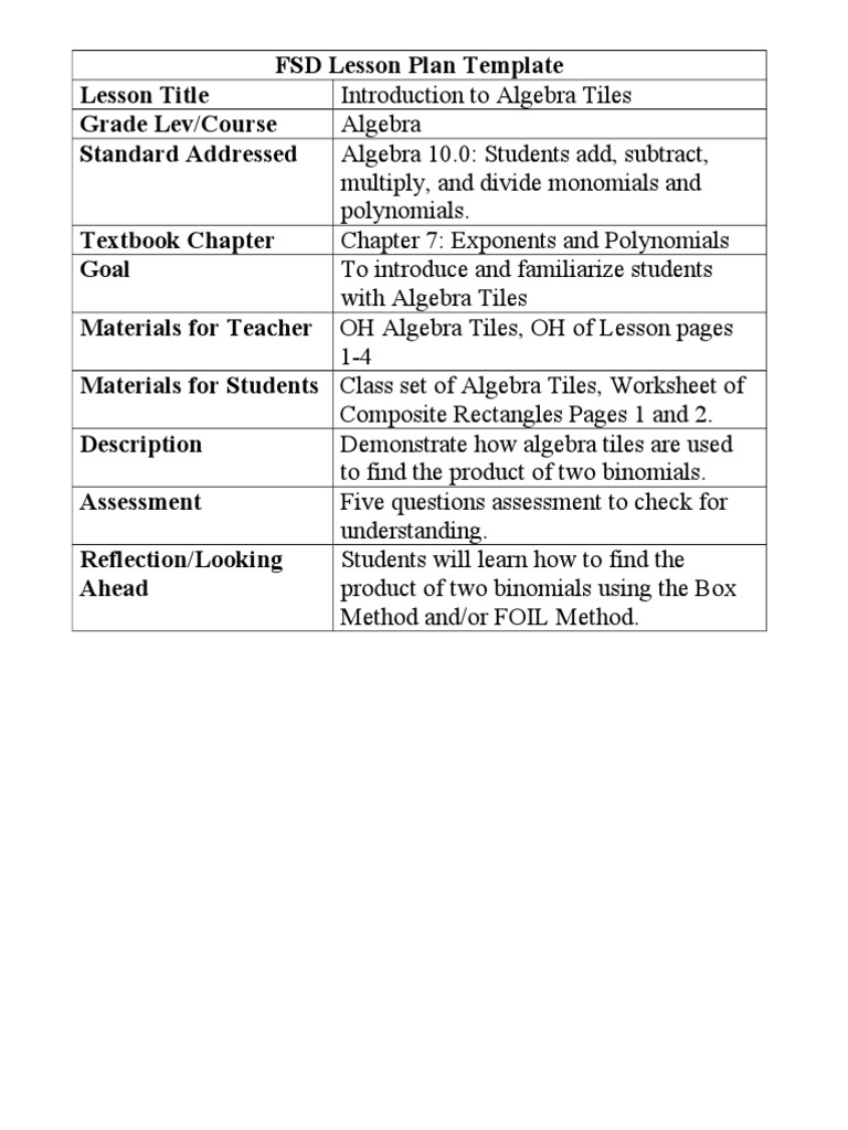 Introduction to Algebra Tiles Lesson | PDF | Algebra | Teaching Mathematics
