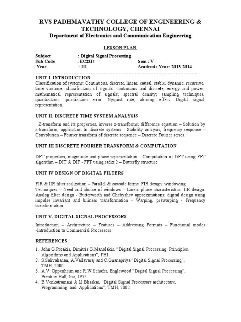 DSP Lession Plan | PDF | Digital Signal Processing | Discrete Fourier Transform