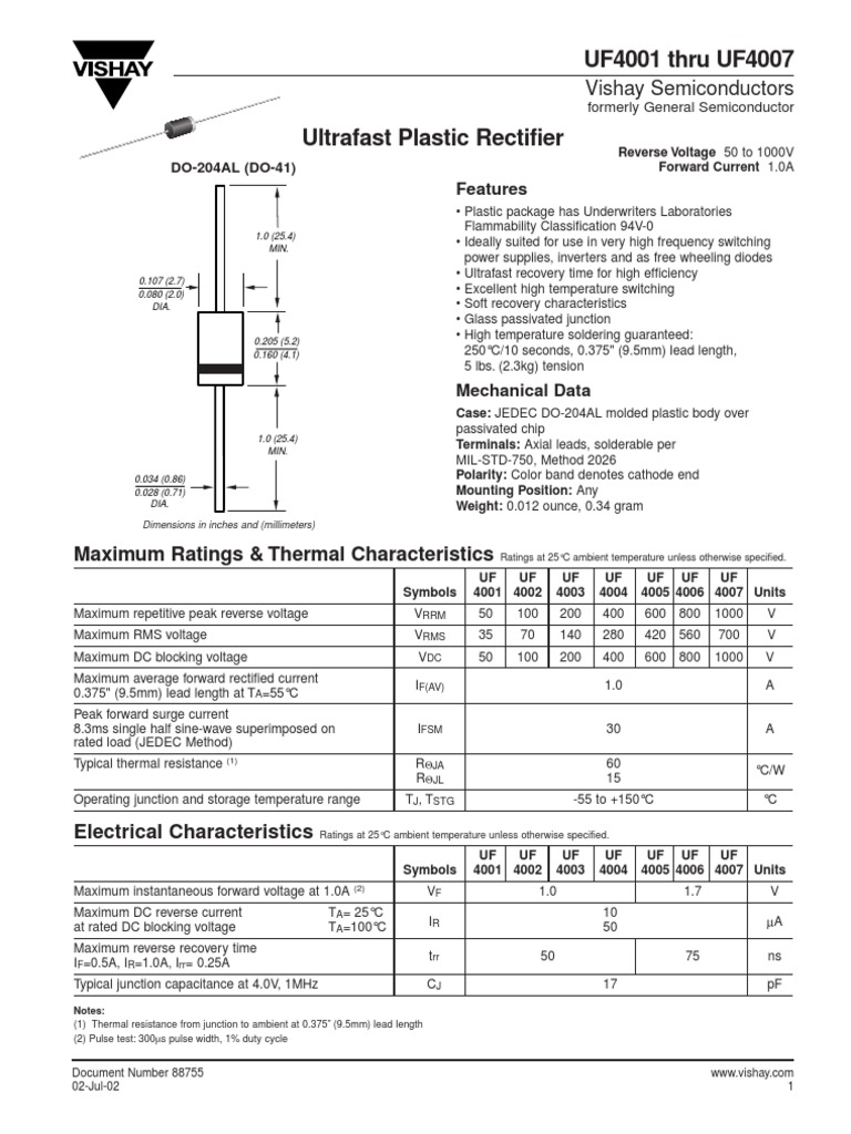 UF4001 to UF4007 Diode Datasheet | PDF | Rectifier | Capacitor