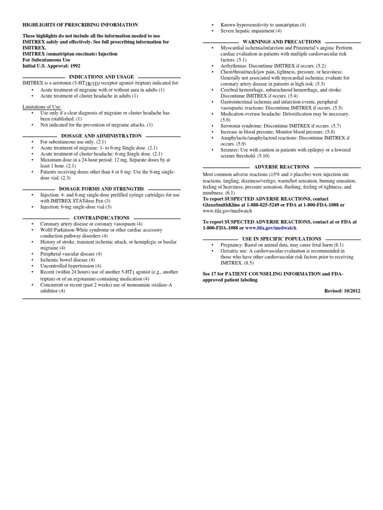 IMITREX (Sumatriptan Succinate) Injection | PDF | Migraine | Stroke