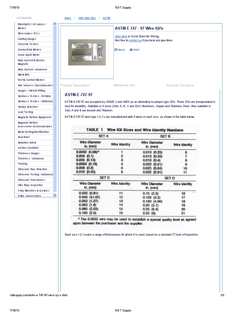 ASTM E 747 - 97 Wire IQI's: Detailed Product Listing and Pricing of ...