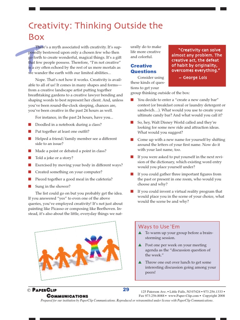 Creativity: Thinking Outside The Box: Creative Questions | PDF | Home ...