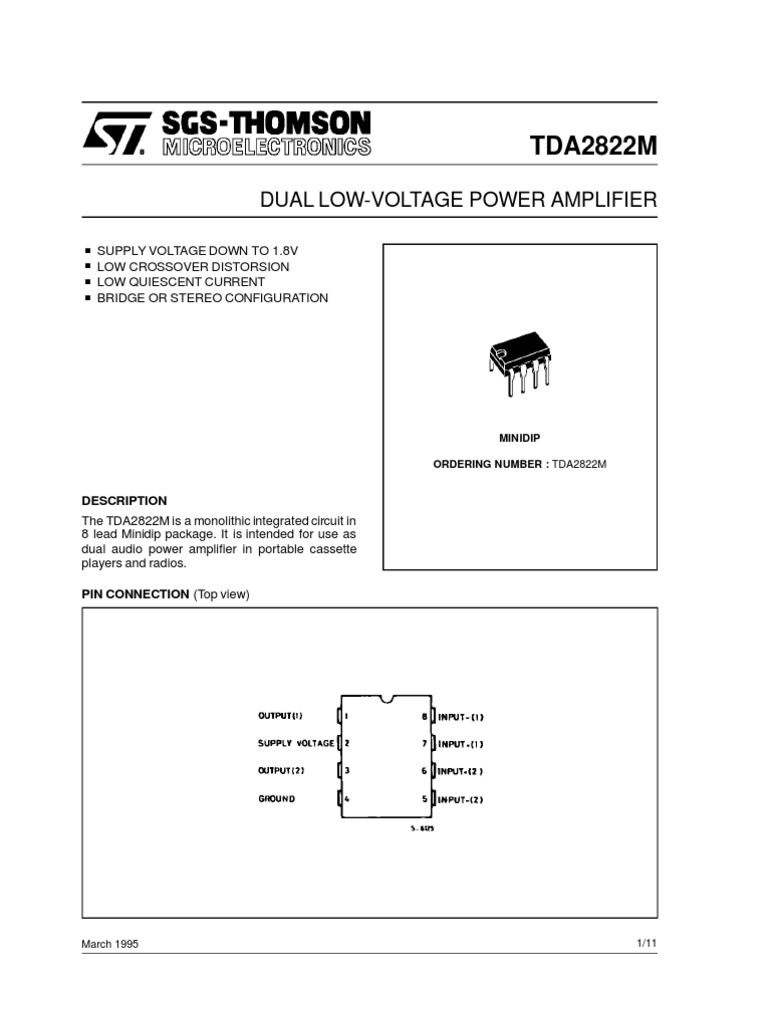 TDA2822M: Dual Low-Voltage Power Amplifier | PDF | Distortion | Amplifier