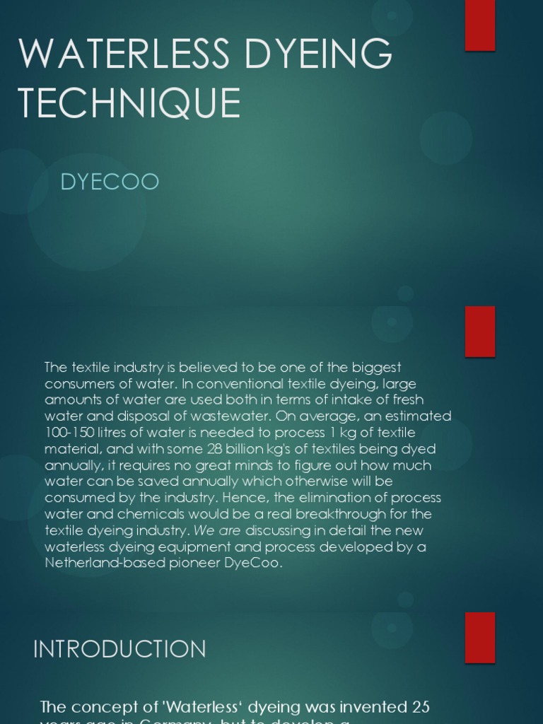 Waterless Dyeing Technique (DYECOO) | PDF | Supercritical Fluid | Dyeing