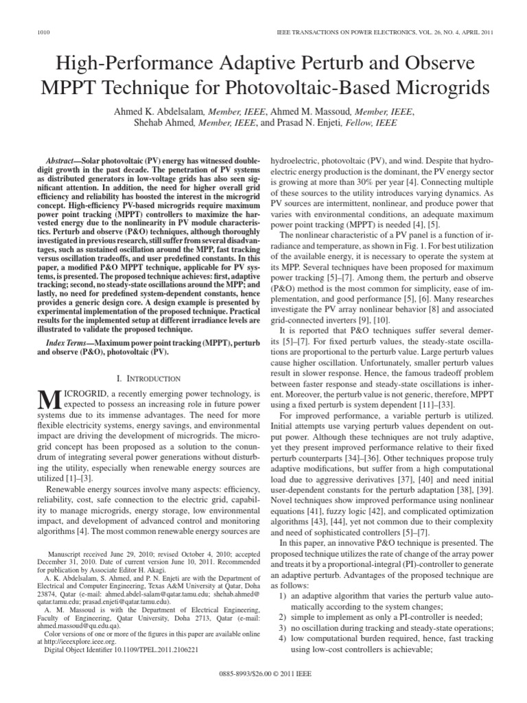 High-Performance Adaptive Perturb and Observe MPPT Technique For Photovoltaic-Based Microgrids ...
