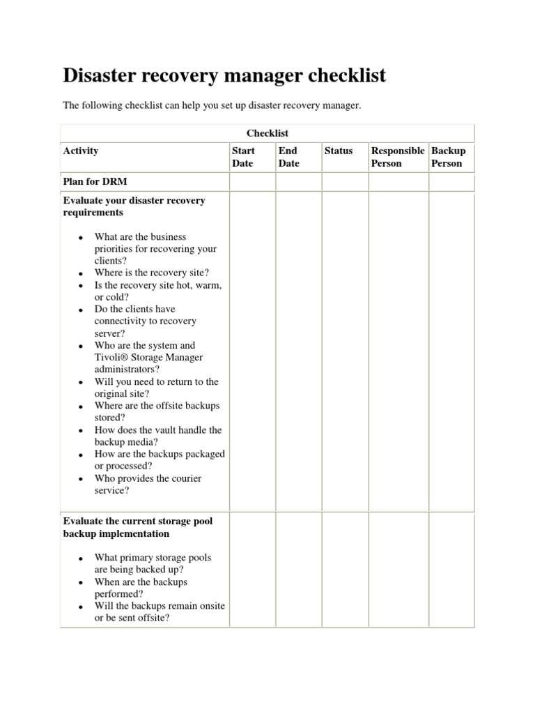 Disaster Recovery Manager Checklist | PDF | Backup | Areas Of Computer ...