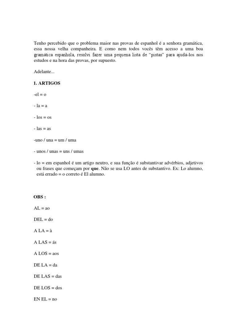 Guia de pontos gramaticais essenciais para provas de espanhol | PDF ...