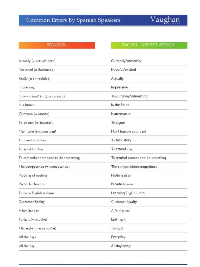 Common Errors by Spanish Speakers | PDF | English Language