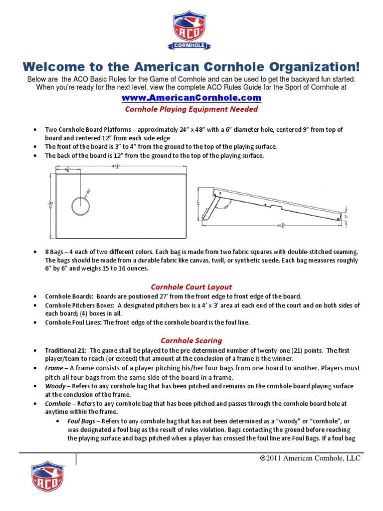 ACO Basic Rules for Cornhole Game | PDF | Throwing | Team Sports
