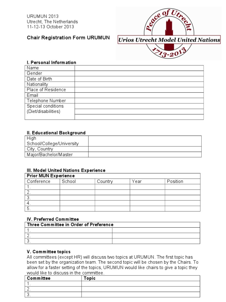 URUMUN 2013 Chair Registration Form | PDF