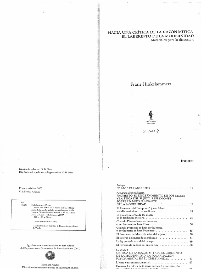 Hinkelammert, Franz 2007 Hacia Una Critica de La Razon Mitica | PDF Hinkelammert, Franz 2007 Hacia Una Critica de La Razon Mitica | PDF