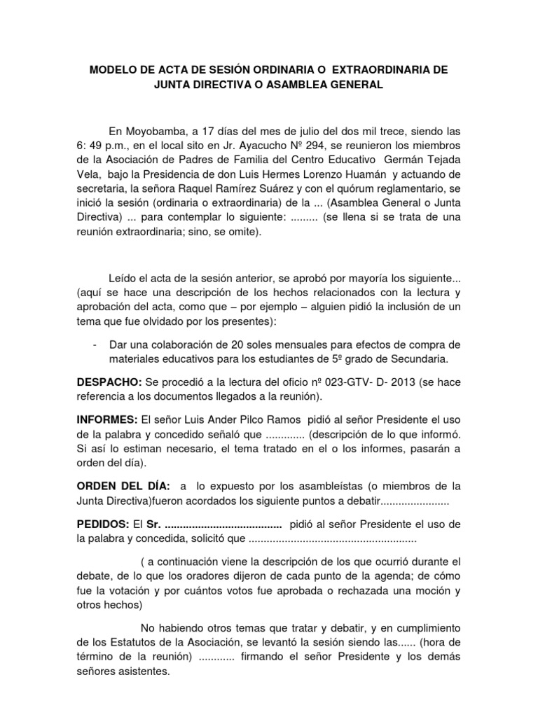 MODELO DE ACTA DE SESIÓN ORDINARIA O EXTRAORDINARIA DE JUNTA DIRECTIVA O ASAMBLEA GENERAL