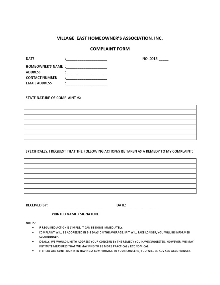 HOA Complaint Form Template | PDF