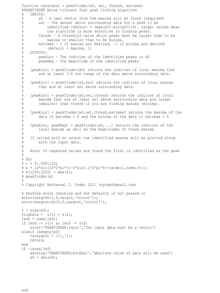 Peak Finder Matlab Code | PDF | Maxima And Minima | Algorithms
