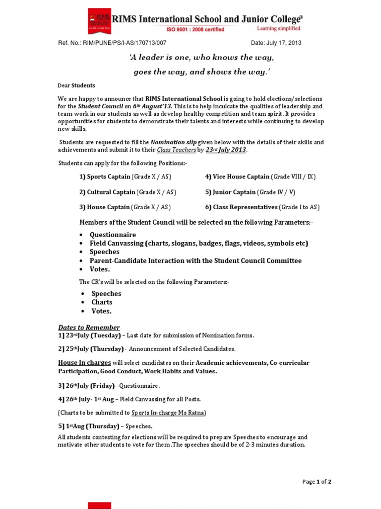 Student Council Election Nomination Guide | PDF | Schools | Students