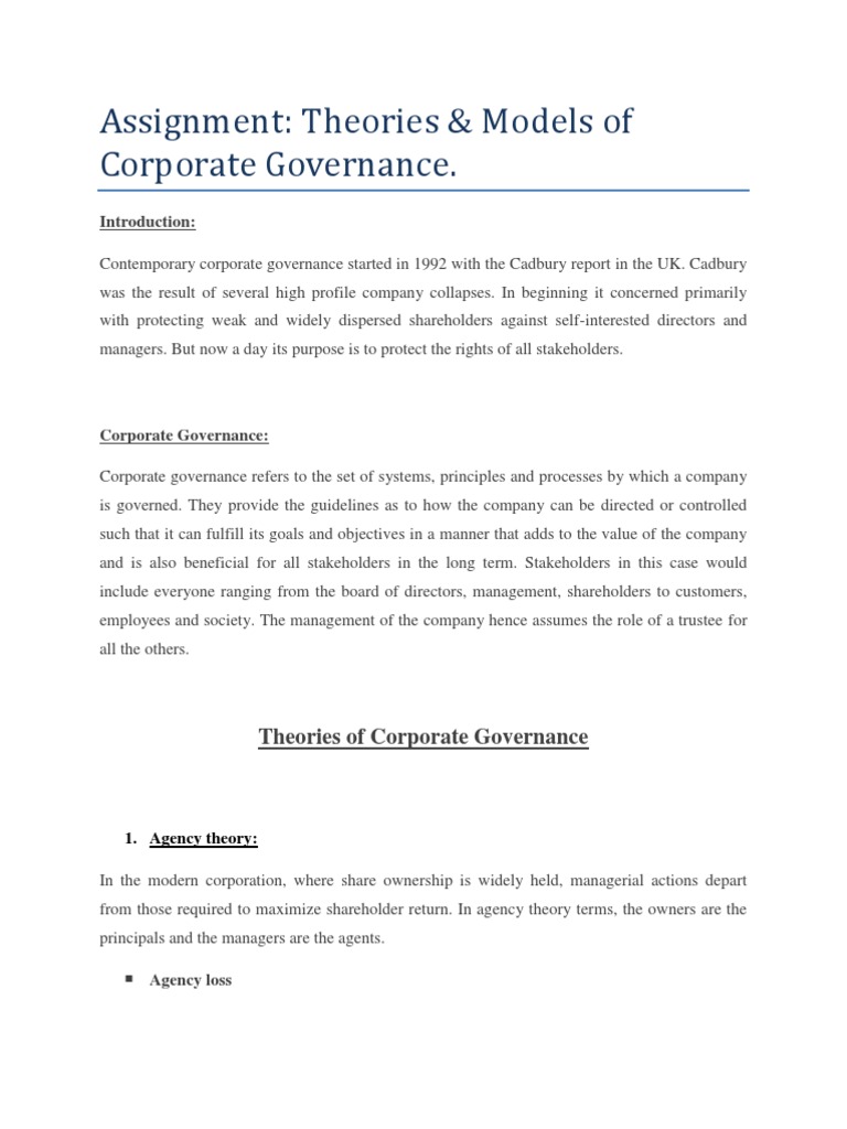 Corporate Governance Difference Between Theories and Model | PDF ...