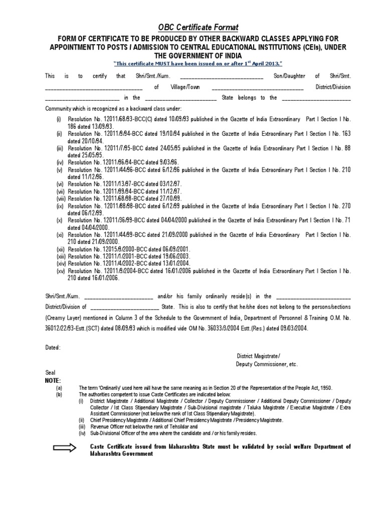 OBC Format, | Government | Politics