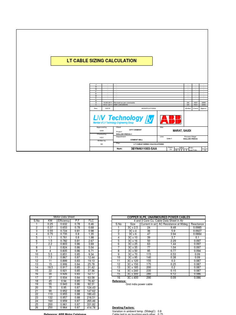 LT Cable Sizing Calculations | PDF | Force | Electric Power
