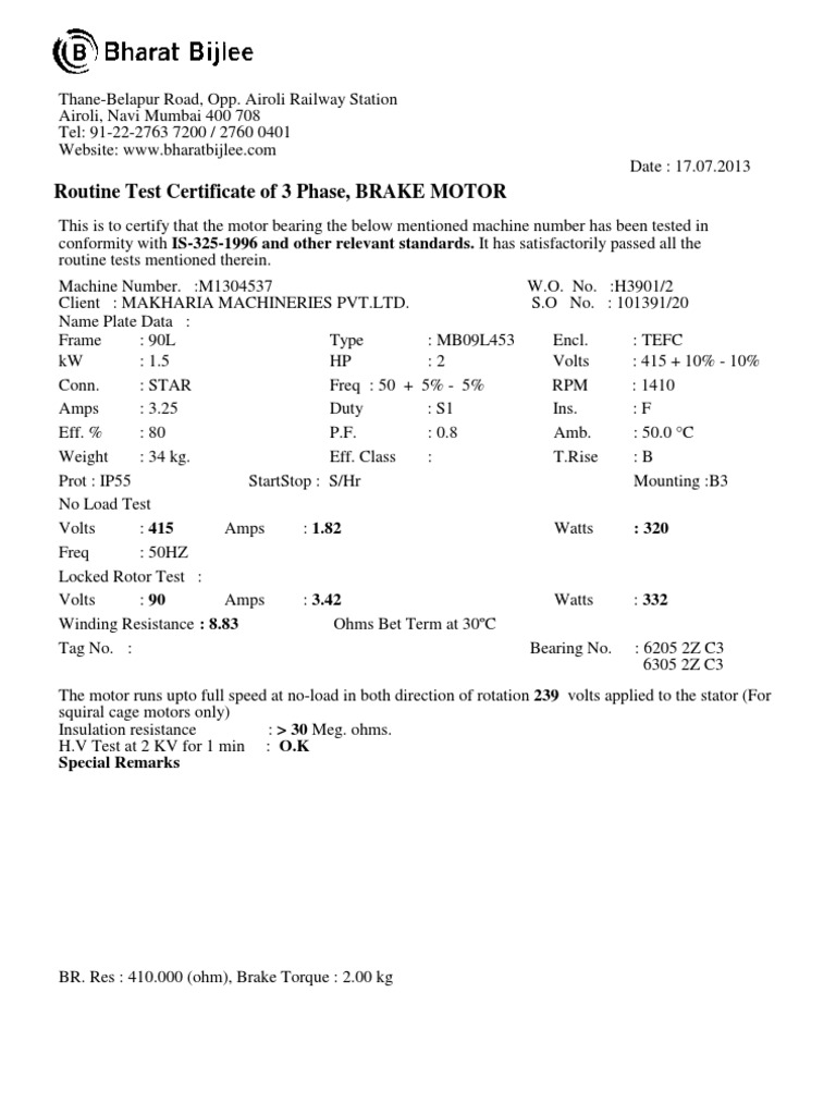 Routine Test Certificate for Brake Motor | PDF | Science & Mathematics