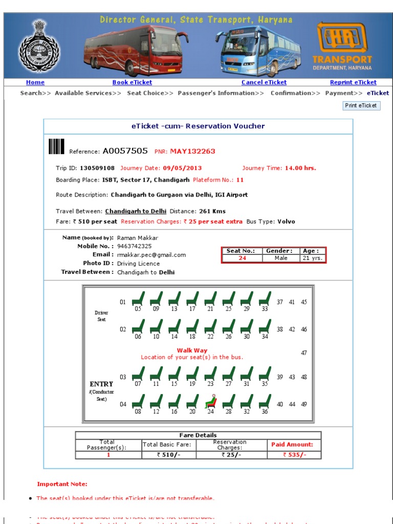 Eticket - Cum - Reservation Voucher - Haryana Roadways | PDF | Identity ...
