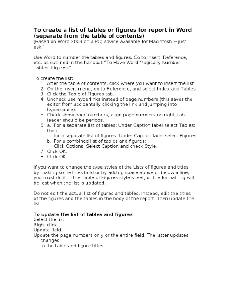To Create A List of Tables or Figures For Report in Word (Separate From ...