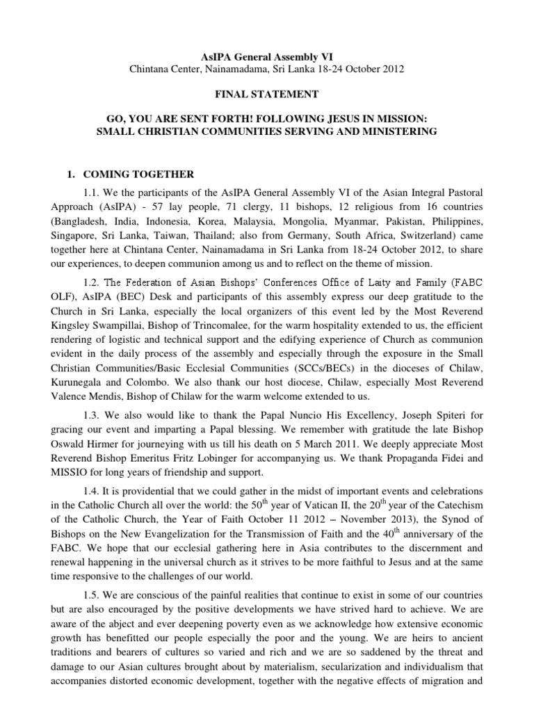 6th AsIPA General Assembly-Final Statement-2012 | PDF | Catholic Church ...