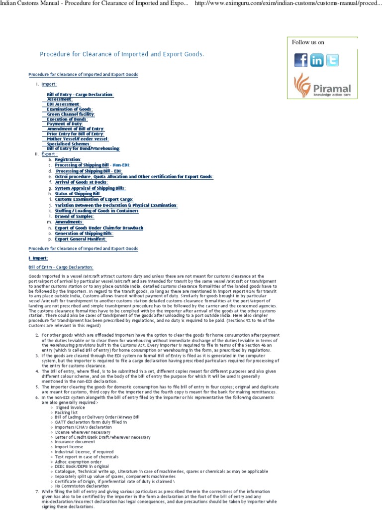 Indian Customs Manual - Procedure For Clearance of Imported and Export ...
