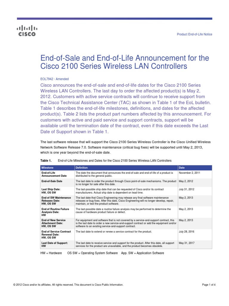 End of Life Notice 2100 Wireless Controller | PDF | Cisco Systems ...