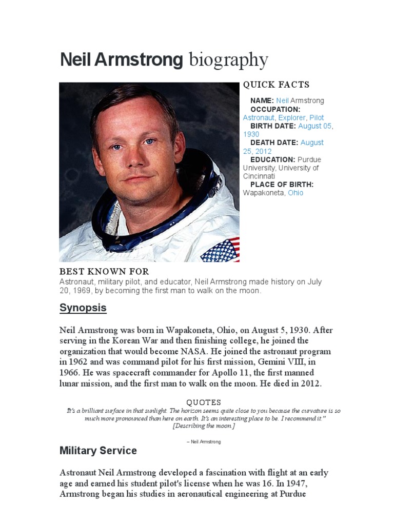 Neil Armstrong Biography Timeline Printable