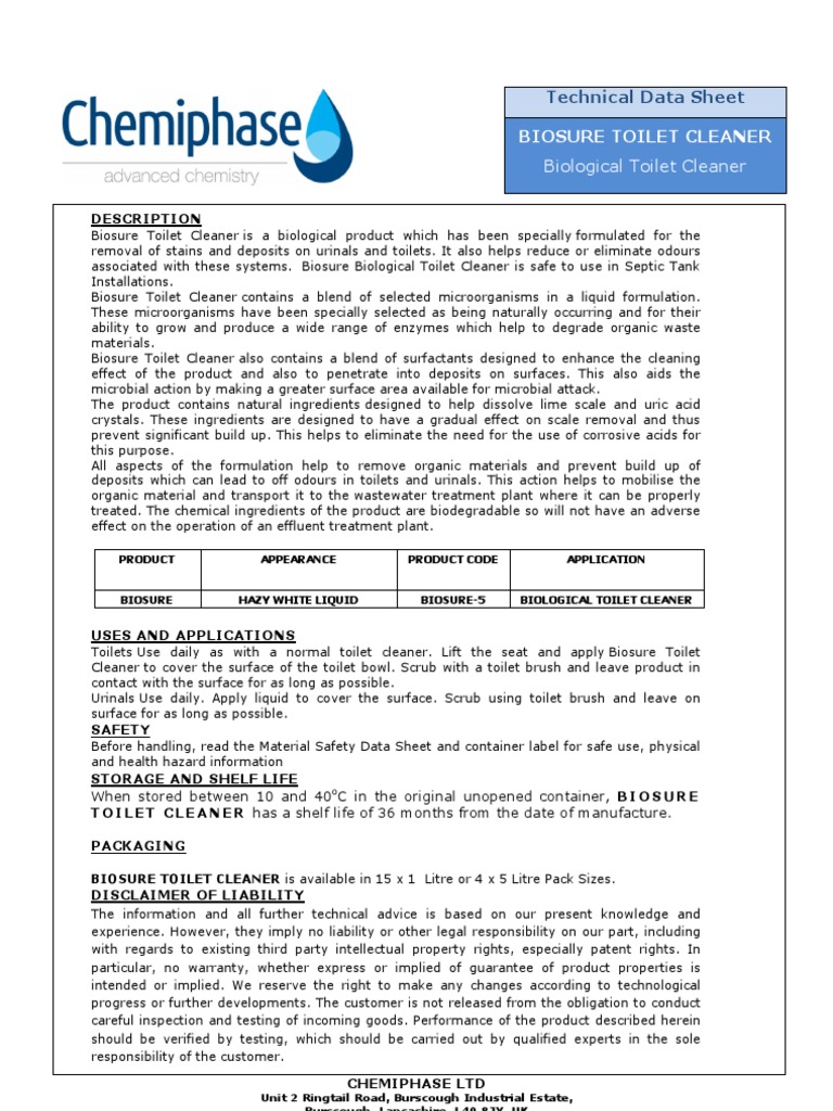 Biosure Toilet Cleaner Pds | PDF | Sewage Treatment | Toilet