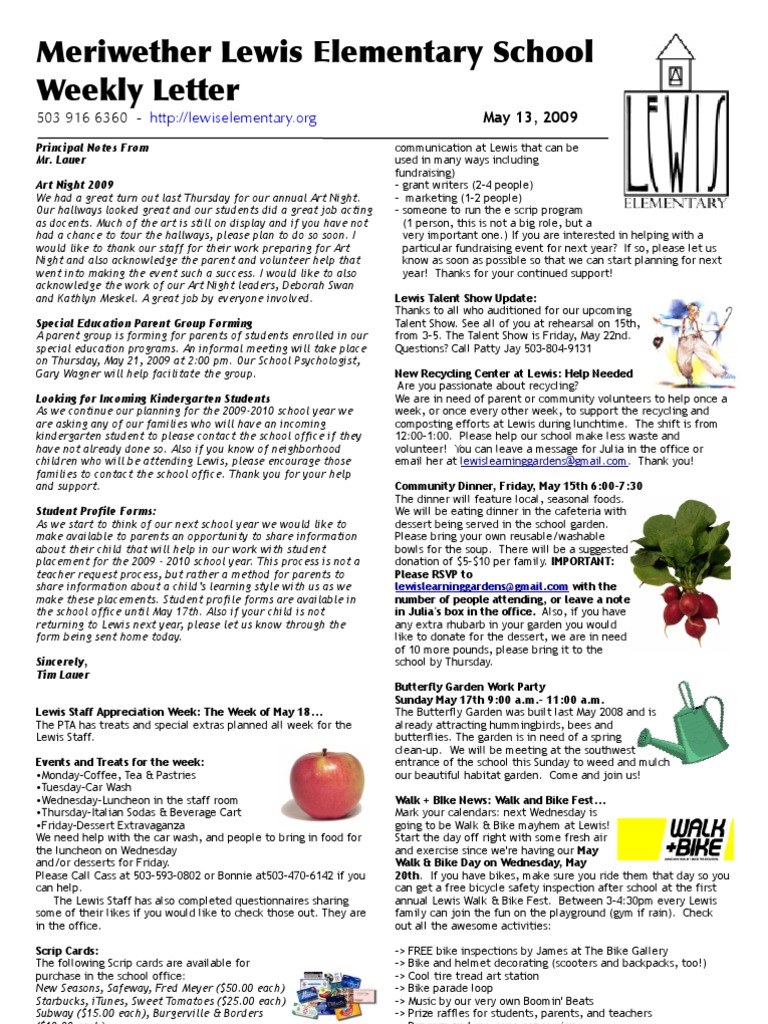 Meriwether Lewis Elementary School Weekly Letter 503 916 6360 | PDF