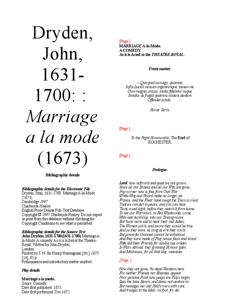 Dryden Marriage A La Mode | PDF