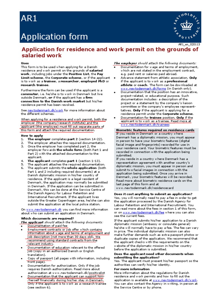 Denmark AR1 Work Permit Application Guide | PDF | Passport | Employment