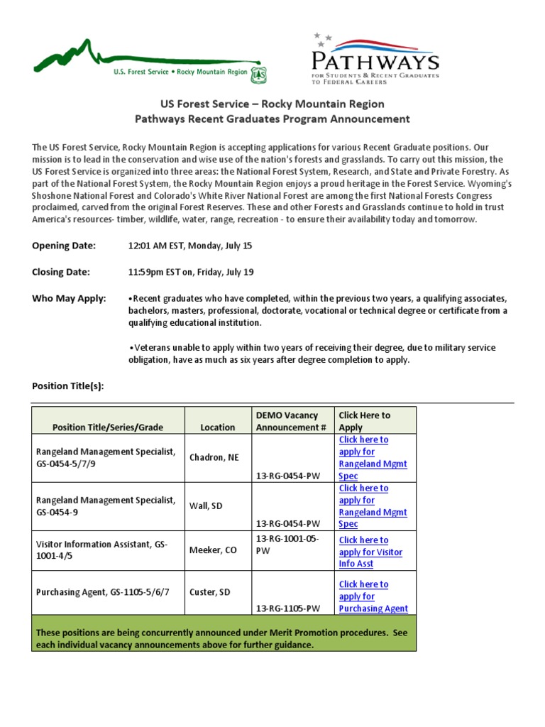 US Forest Service - Rocky Mountain Region, Recent Graduates Program | PDF