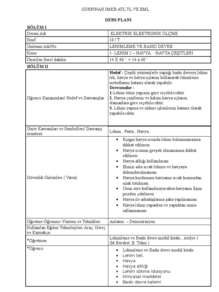 Örnek Günlük Plan Elektrik Elektronik Ölçme Dersi Lehimleme Baskı ...