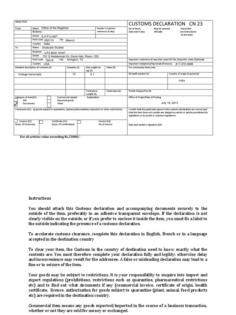 Customs Declaration CN 23: Office of The Registrar | PDF | Customs | Mail