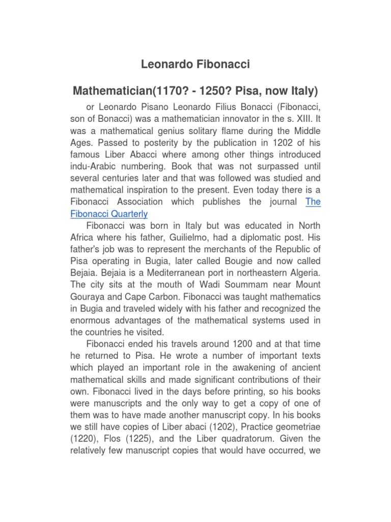 Leonardo Fibonacci Mathematician (1170? - 1250? Pisa, Now Italy) | PDF ...