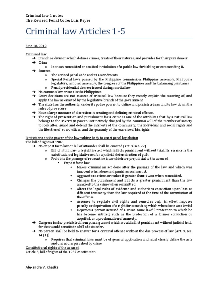 Criminal Law Articles 1-5: Criminal Law 1 Notes The Revised Penal Code ...