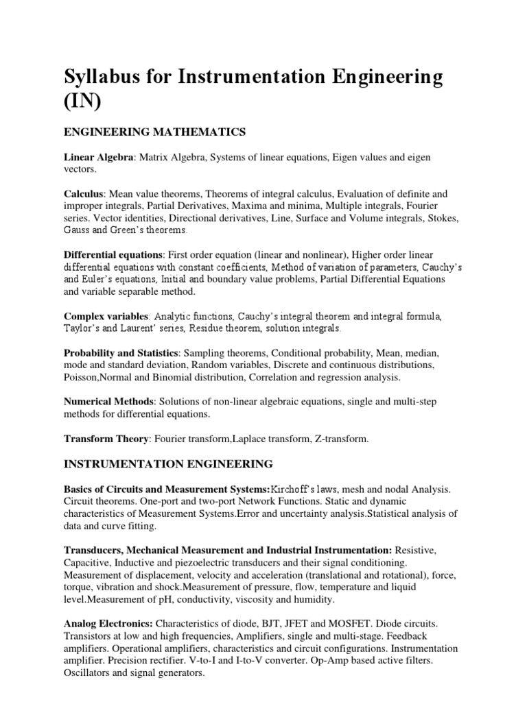 GATE Syllabus Instrumentation Engineering | PDF | Electronic Circuits | Mathematical Analysis